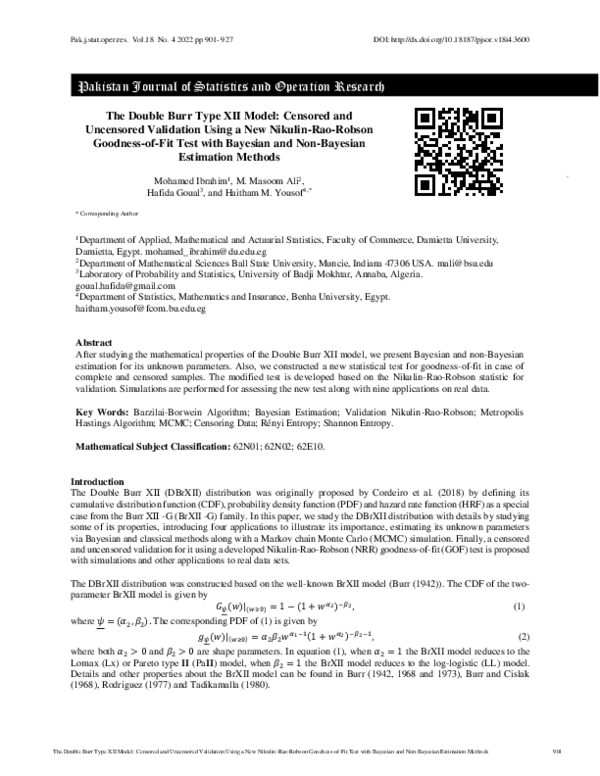 (PDF) The Double Burr Type XII Model: Censored and Uncensored Validation Using a New Nikulin-Rao ...