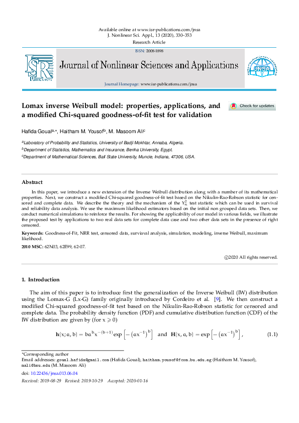 Pdf Lomax Inverse Weibull Model Properties Applications And A Modified Chi Squared Goodness