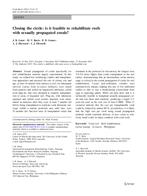(PDF) Closing the circle: is it feasible to rehabilitate reefs with sexually propagated corals?