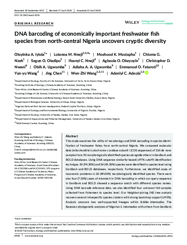 (PDF) DNA barcoding of economically important freshwater fish species from north-central Nigeria ...