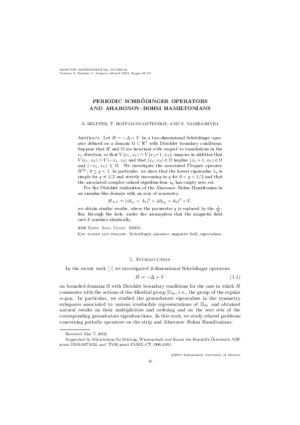 (PDF) Periodic Schrödinger Operators and Aharonov—Bohm Hamiltonians