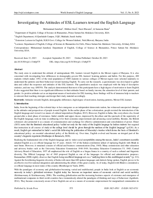(PDF) Investigating the Attitudes of ESL Learners toward the English Language