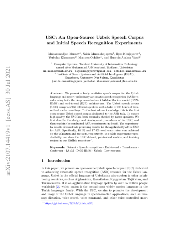 (PDF) USC: An Open-Source Uzbek Speech Corpus and Initial Speech Recognition Experiments