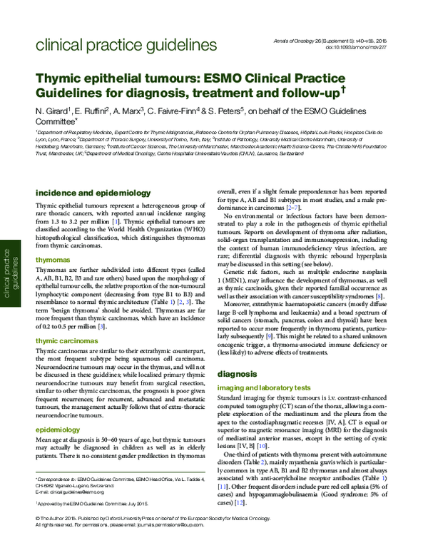(PDF) Thymic epithelial tumours: ESMO Clinical Practice Guidelines for diagnosis, treatment and ...
