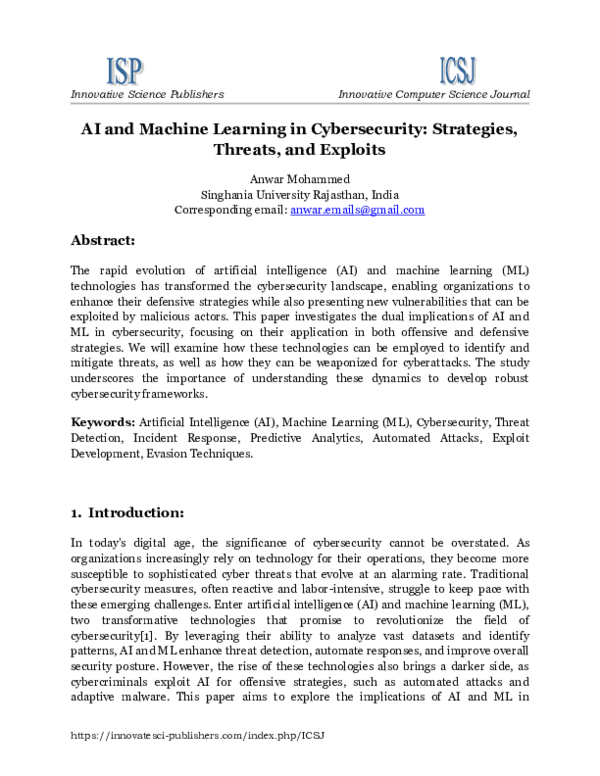 (PDF) AI and Machine Learning in Cybersecurity: Strategies, Threats ...
