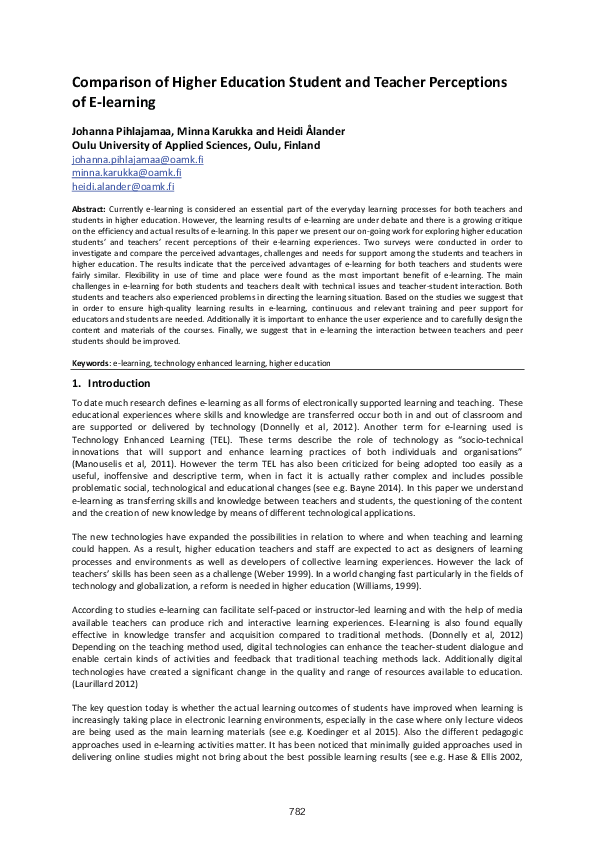(PDF) Comparison of higher education student and teacher perceptions of e-learning