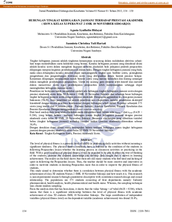 (PDF) Hubungan Tingkat Kebugaran Jasmani Terhadap Prestasi Akademik (Siswa Kelas XI Perawat 2 ...