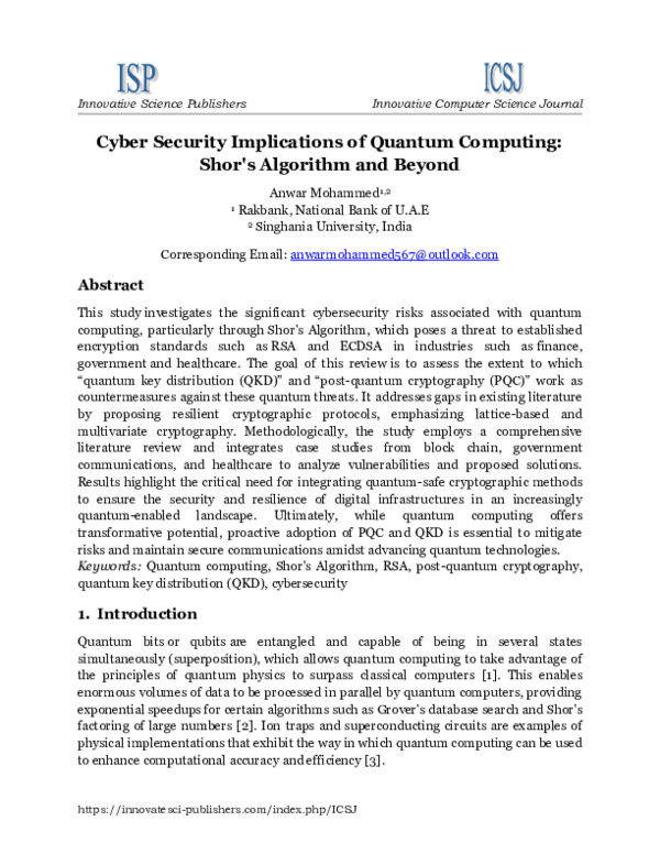 (PDF) Cyber Security Implications of Quantum Computing: Shor's Algorithm and Beyond
