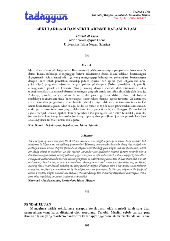 (PDF) SEKULARISASI DAN SEKULARISME DALAM ISLAM