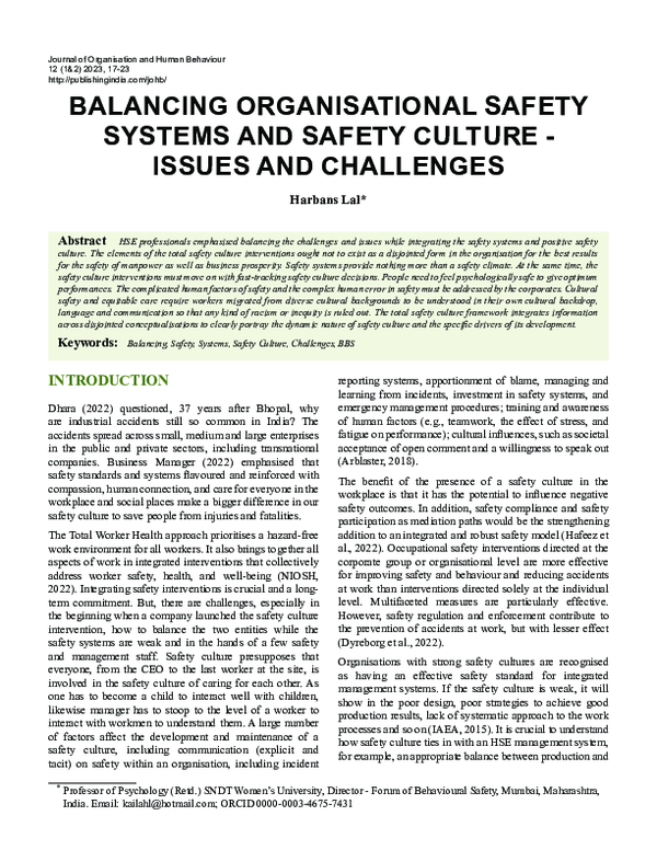 (PDF) BALANCING ORGANISATIONAL SAFETY SYSTEMS AND SAFETY CULTURE ...