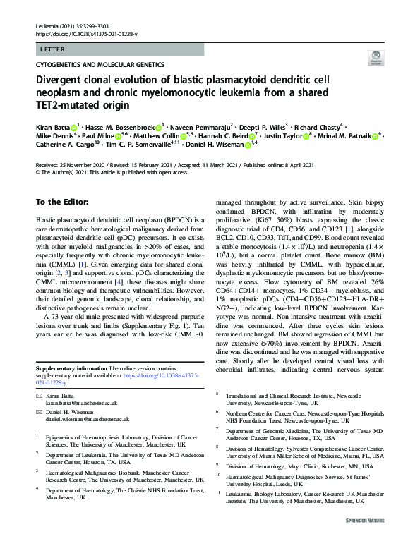 (PDF) Divergent clonal evolution of blastic plasmacytoid dendritic cell ...