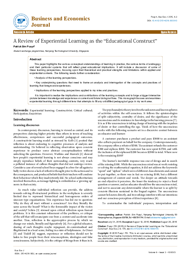 (PDF) A Review of Experiential Learning as the "Educational Construct" (Linköpings universitet)