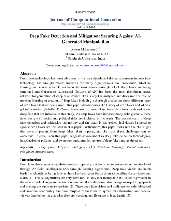 (PDF) Deep Fake Detection and Mitigation: Securing Against AI-Generated ...