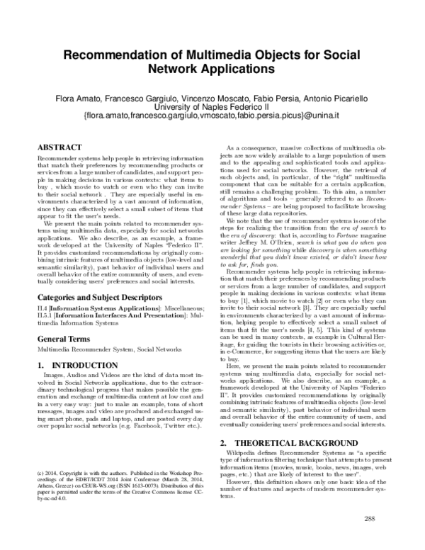 (PDF) Recommendation of Multimedia Objects for Social Network Applications