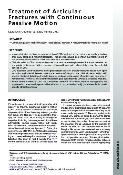 (PDF) Treatment of Articular Fractures with Continuous Passive Motion