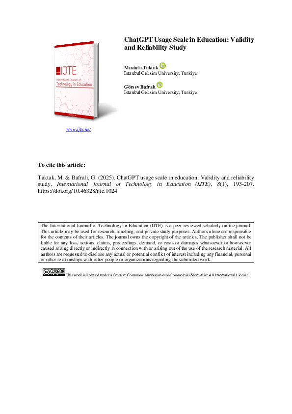 (PDF) ChatGPT Usage Scale in Education: Validity and Reliability Study