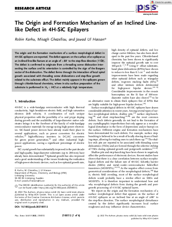 (PDF) The Origin and Formation Mechanism of an Inclined Line‐like Defect in 4H‐SiC Epilayers
