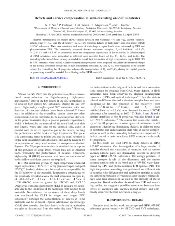(PDF) Defects and carrier compensation in semi-insulating4H−SiCsubstrates