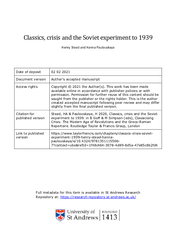 (PDF) Classics, crisis and the Soviet experiment to 1939