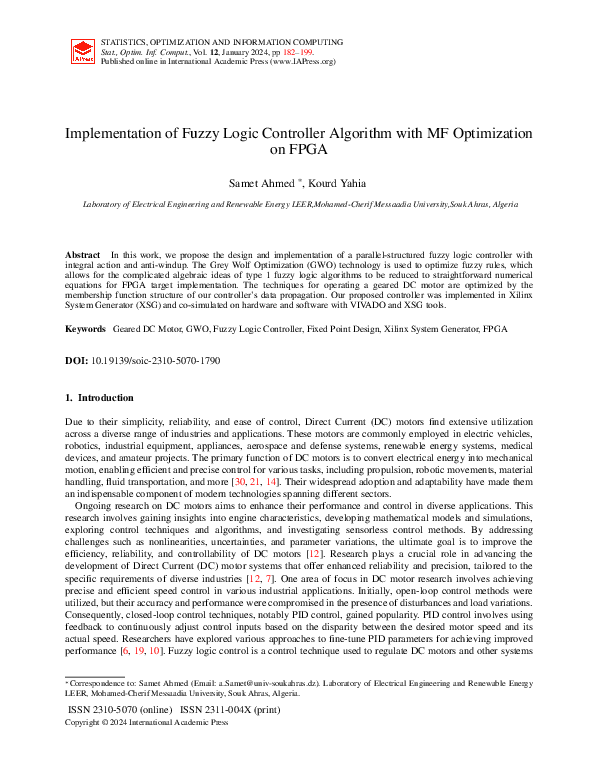 (PDF) Implementation of Fuzzy Logic Controller Algorithms with MF optimization on FPGA