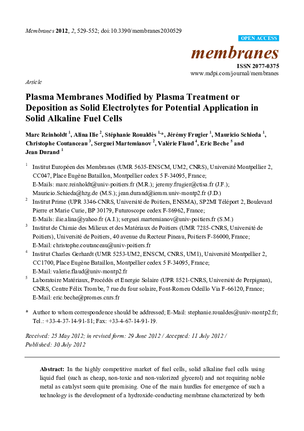 (PDF) Plasma Membranes Modified by Plasma Treatment or Deposition as ...