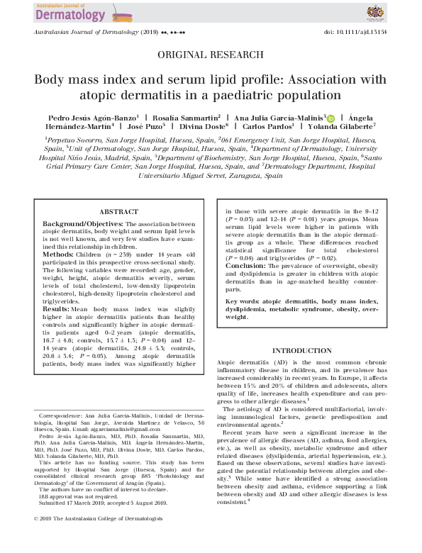 (PDF) Body mass index and serum lipid profile: Association with atopic dermatitis in a ...