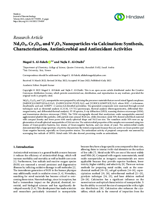 (PDF) Nd2O3, Cr2O3, and V2O3 Nanoparticles via Calcination: Synthesis ...