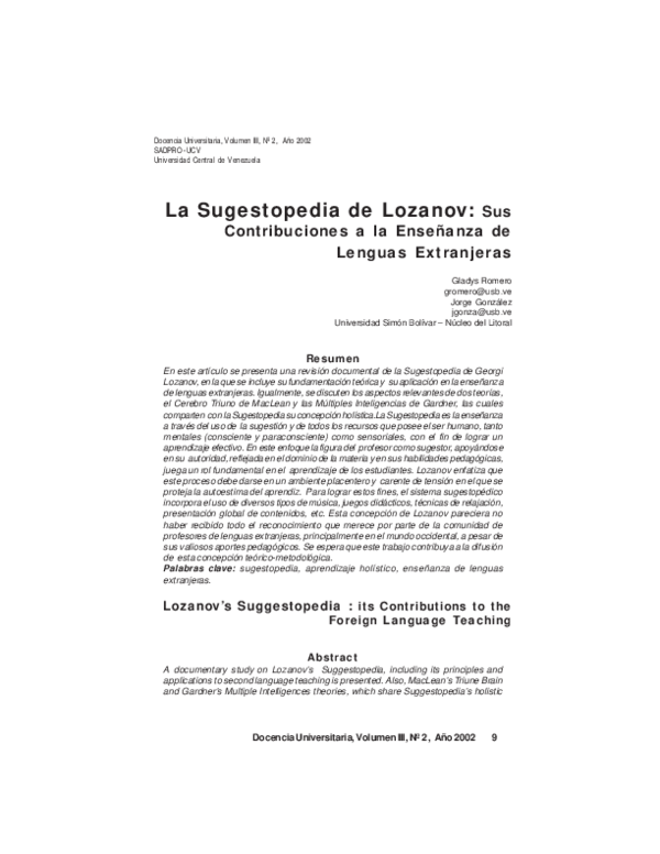 (PDF) La Sugestopedia de Lozanov: Sus Contribuciones a la Enseñanza de ...
