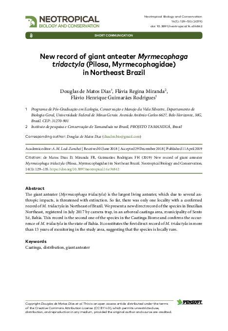 (PDF) New record of giant anteater Myrmecophaga tridactyla (Pilosa ...