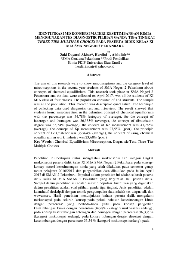 (PDF) Identifikasi Miskonsepsi Materi Kesetimbangan Kimia Menggunakan ...