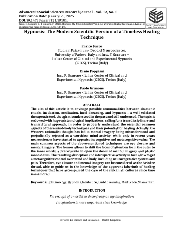 (PDF) Hypnosis: The Modern Scientific Version of a Timeless Healing ...