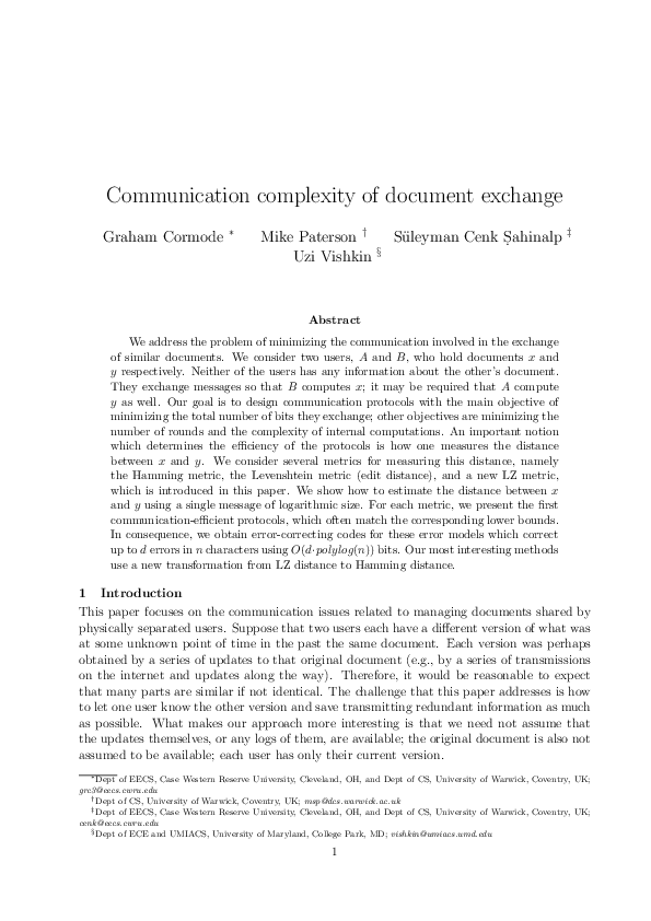 (PDF) Communication complexity of document exchange