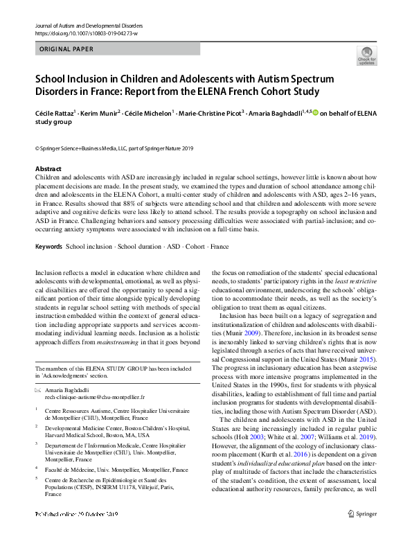 (PDF) School Inclusion in Children and Adolescents with Autism Spectrum Disorders in France ...