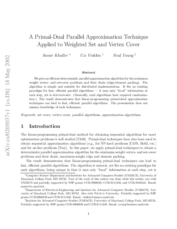 (PDF) A Primal-Dual Parallel Approximation Technique Applied to Weighted Set and Vertex Covers