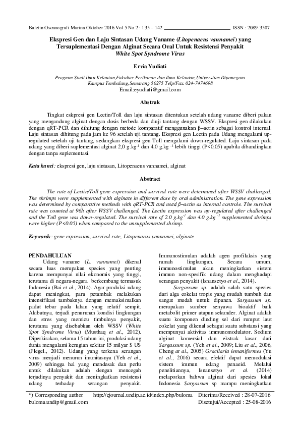 (PDF) Ekspresi Gen dan Laju Sintasan Udang Vaname (Litopenaeus vannamei ...