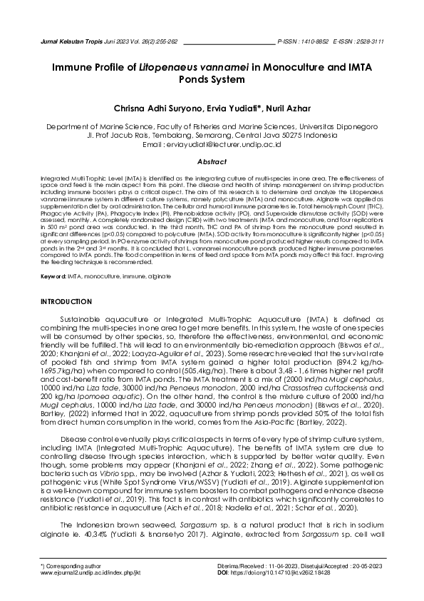 (PDF) Immune Profile of Litopenaeus vannamei in Monoculture and IMTA Ponds System