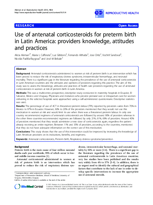 (PDF) Use of antenatal corticosteroids for preterm birth in Latin America: providers knowledge ...
