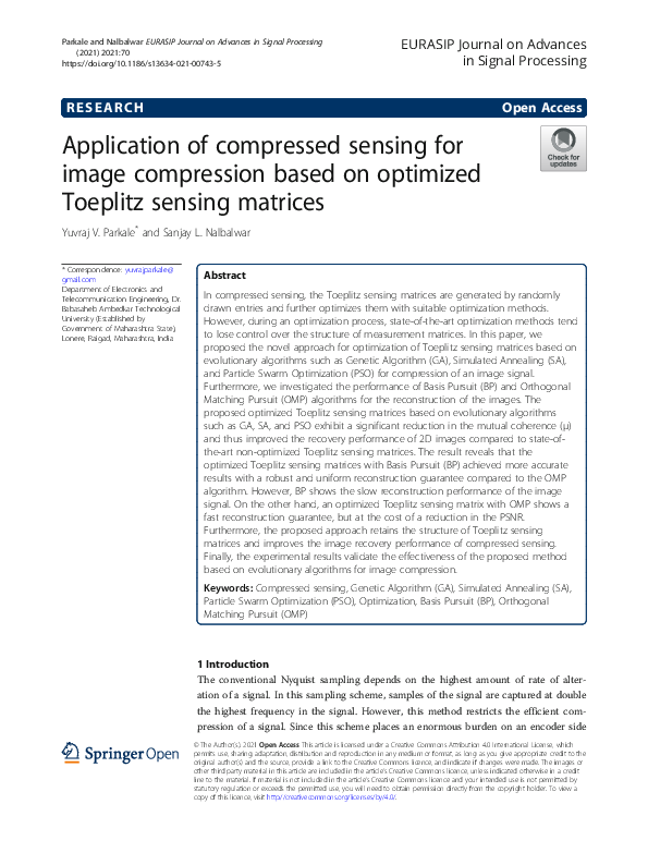 Pdf Application Of Compressed Sensing For Image Compression Based On Optimized Toeplitz