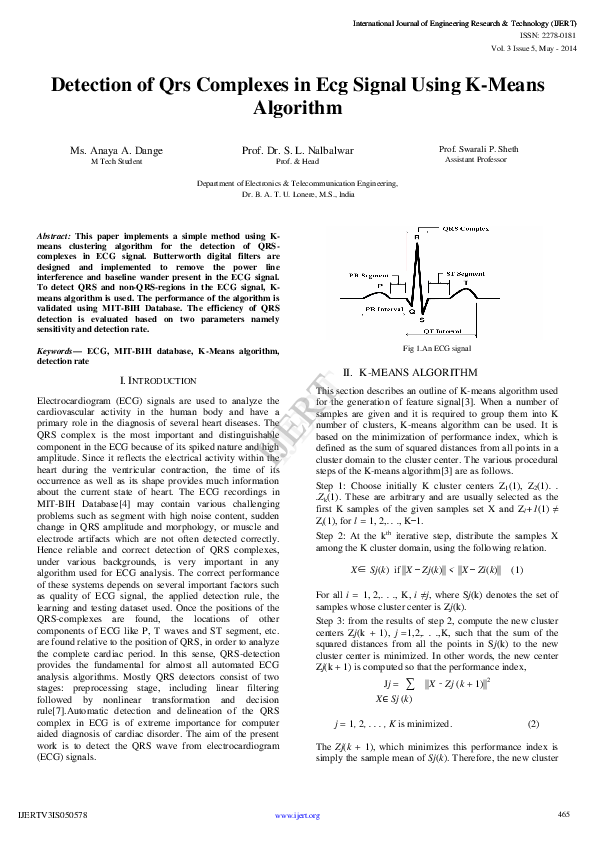 (PDF) Detection of Qrs Complexes in Ecg Signal Using K-Means Algorithm