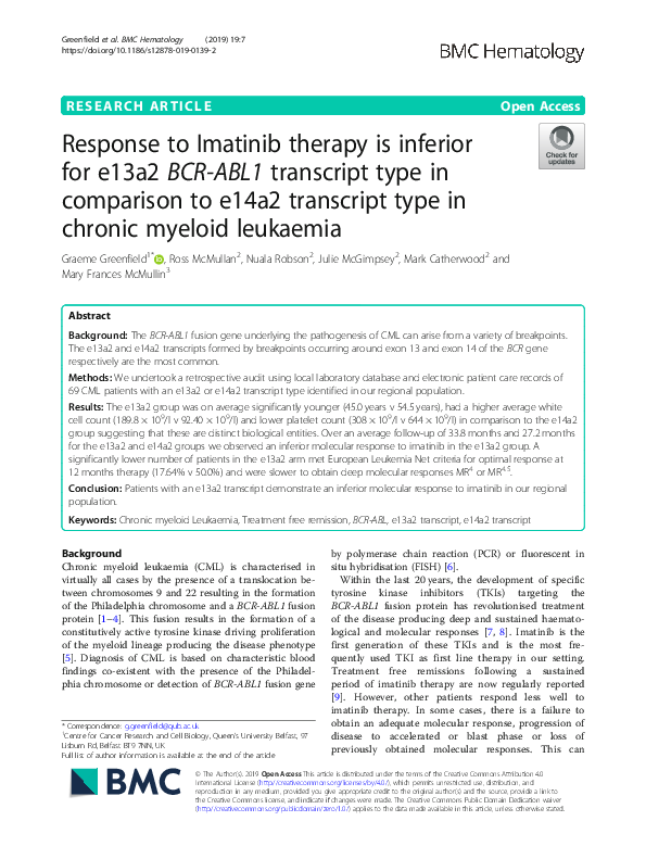 (PDF) Response to Imatinib therapy is inferior for e13a2 BCR-ABL1 ...