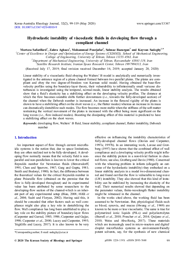 (PDF) Hydroelastic instability of viscoelastic fluids in developing flow through a compliant channel