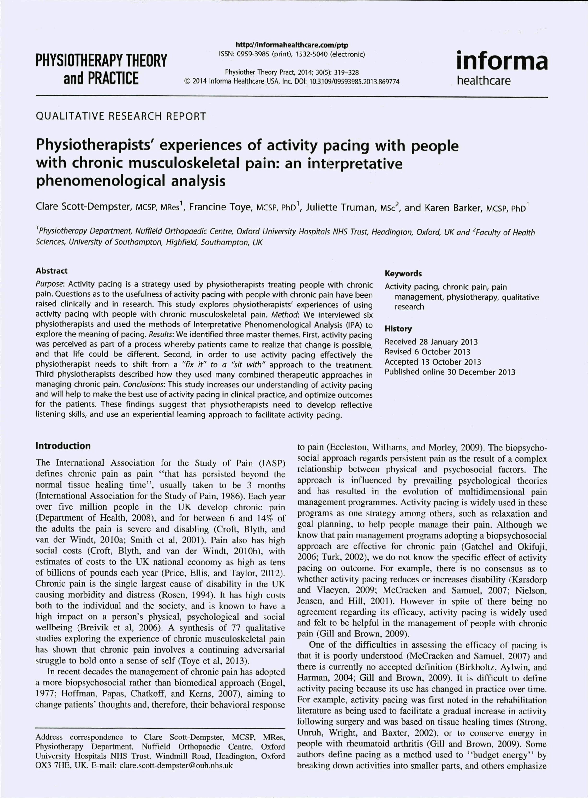 (PDF) Physiotherapists’ experiences of activity pacing with people with ...