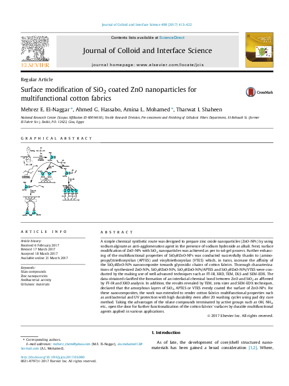(PDF) Surface modification of SiO2 coated ZnO nanoparticles for ...