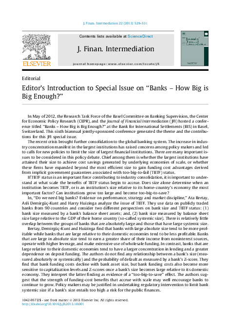 (PDF) Editor’s Introduction to Special Issue on “Banks – How Big is Big ...