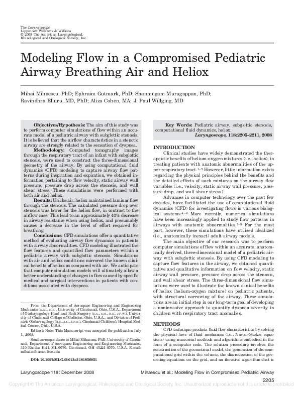 (PDF) Modeling flow in a compromised pediatric airway breathing air and ...