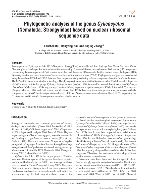 (PDF) Phylogenetic analysis of the genus Cylicocyclus (Nematoda ...
