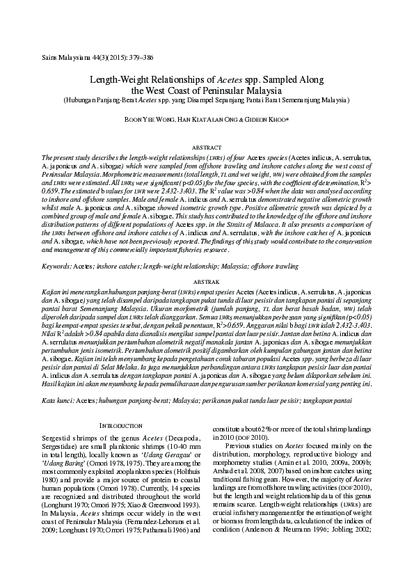 (PDF) Length-Weight Relationships of Acetes spp. Sampled Along the West ...
