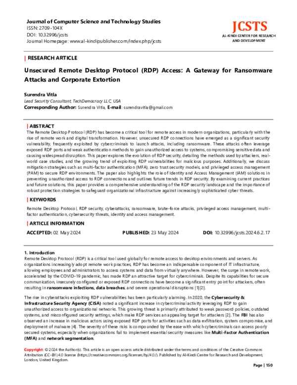Pdf Unsecured Remote Desktop Protocol Rdp Access A Gateway For
