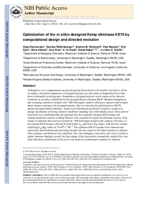(PDF) Optimization of the In-Silico-Designed Kemp Eliminase KE70 by ...