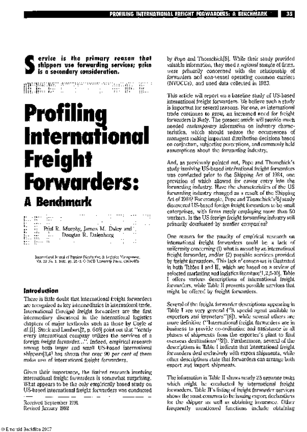(PDF) Profiling International Freight Forwarders: A Benchmark